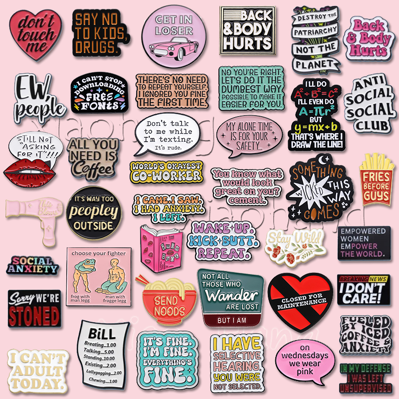 Cartoon Letter Text Enamel Pins Brooches Social Dialogue Texts Quotes ...