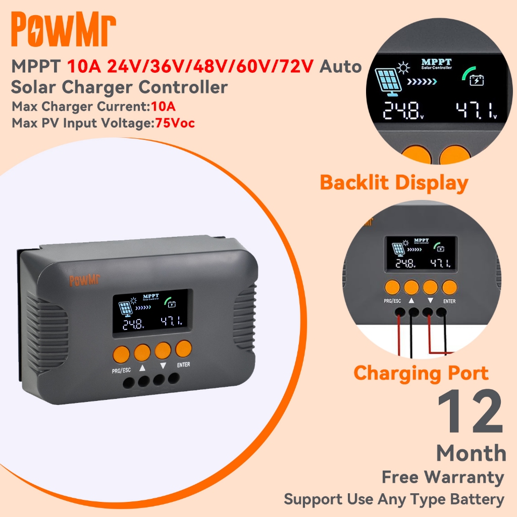 【Official Store】PowMr MPPT 10A Solar Charge Controller 24V/36V/48V/60V ...