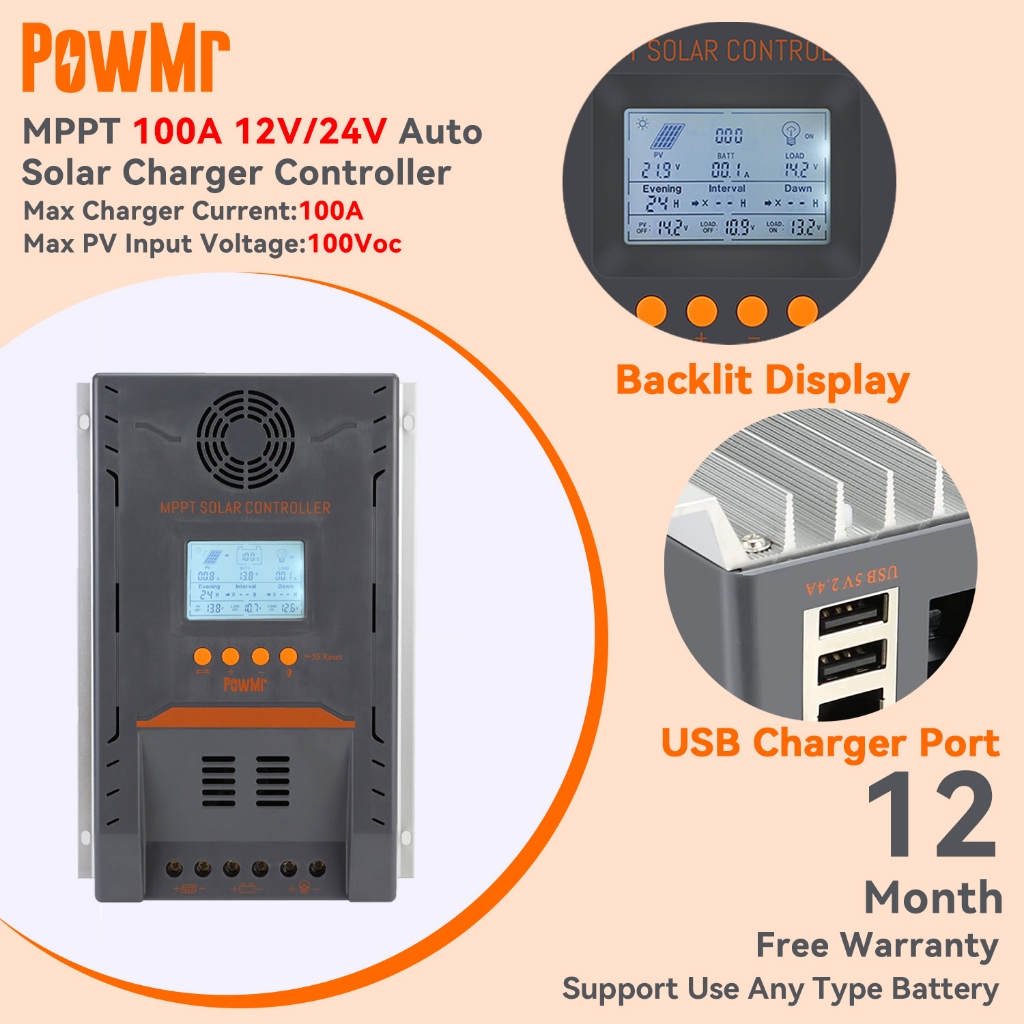 PowMr MPPT 100A Solar Charger Controller 12V 24V Auto Battery Charge Max 100V Solar Panel Input ...