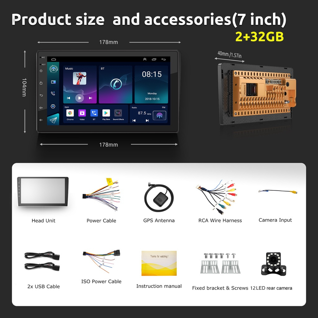 ESSGOO Android Car Stereo 2GB+32GB 10/9/7 inch Universal carplay Android auto Bluetooth/GPS/FM ...