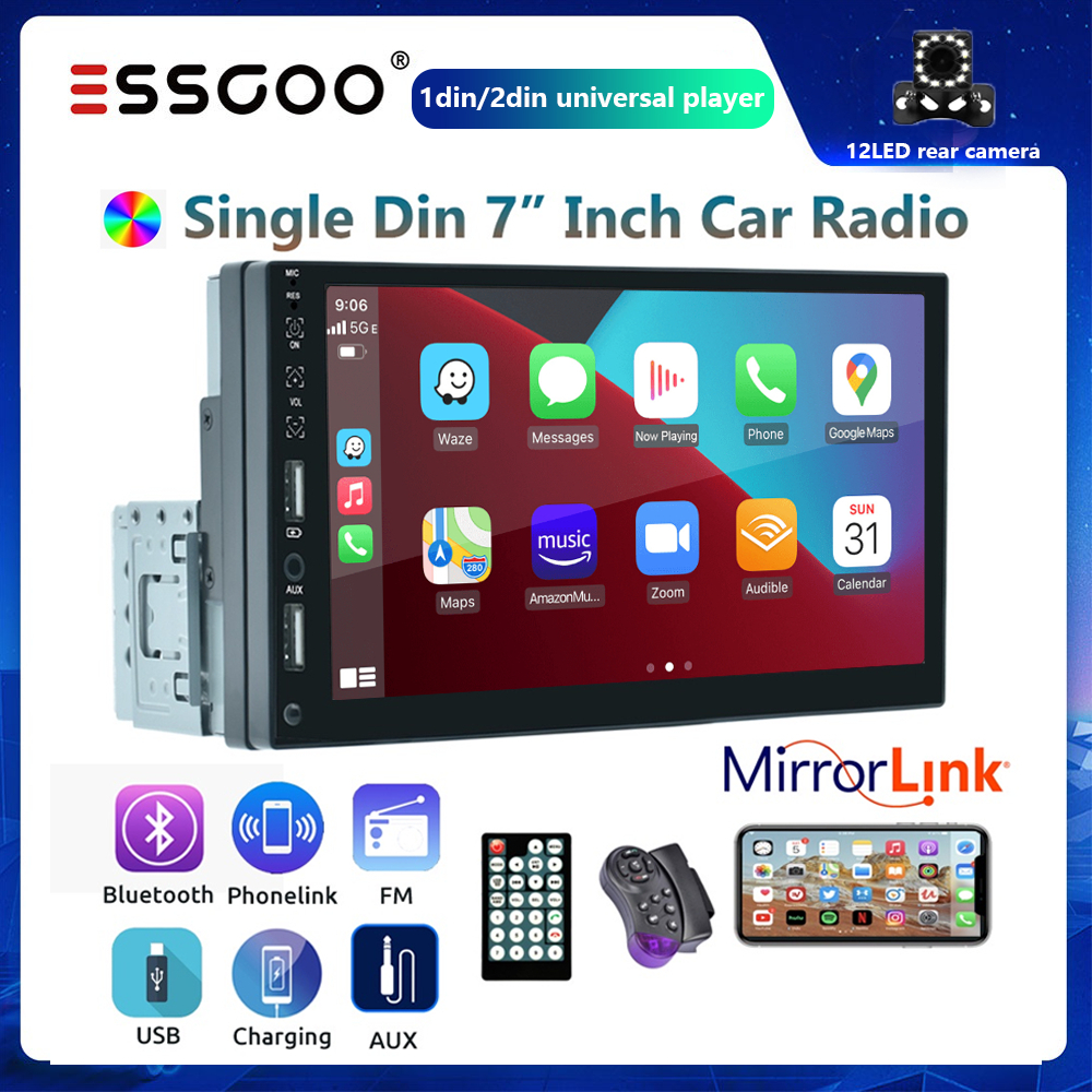 ESSGOO 7" Inch Car Radio Single 1 Din Car Stereo With Bluetooth Touch Screen Multimedia MP5 ...