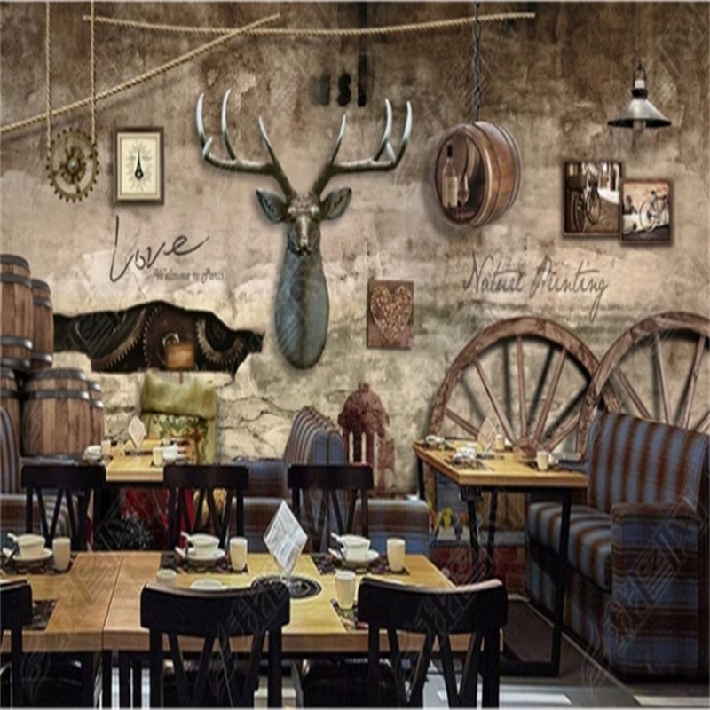 Custom 3D Retro Nostalgic Mural Wheel Barrel Wallpaper for Cafe Coffee ...