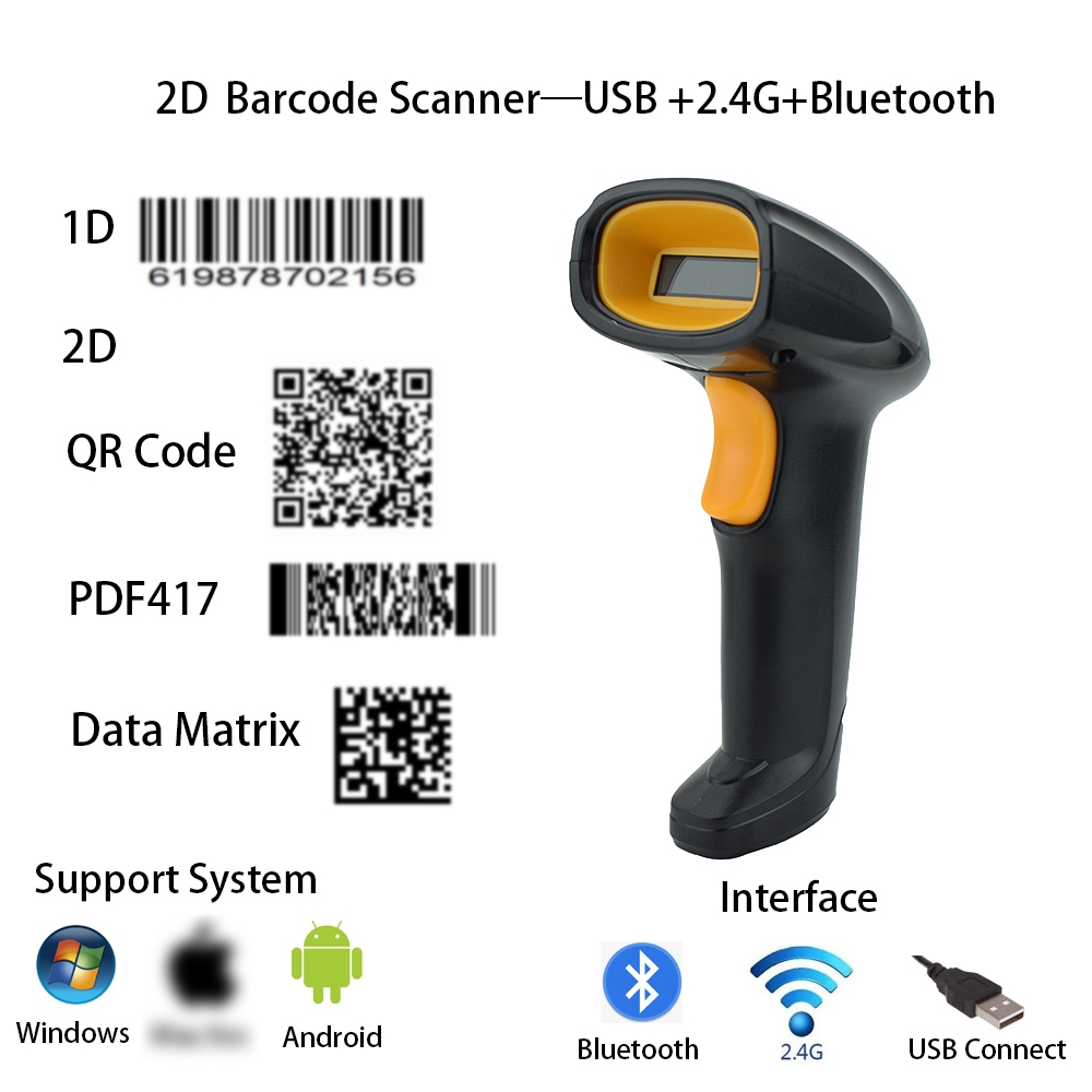 2D wireless supports 2.4G Bluetooth barcode scanner, three-in-one ...
