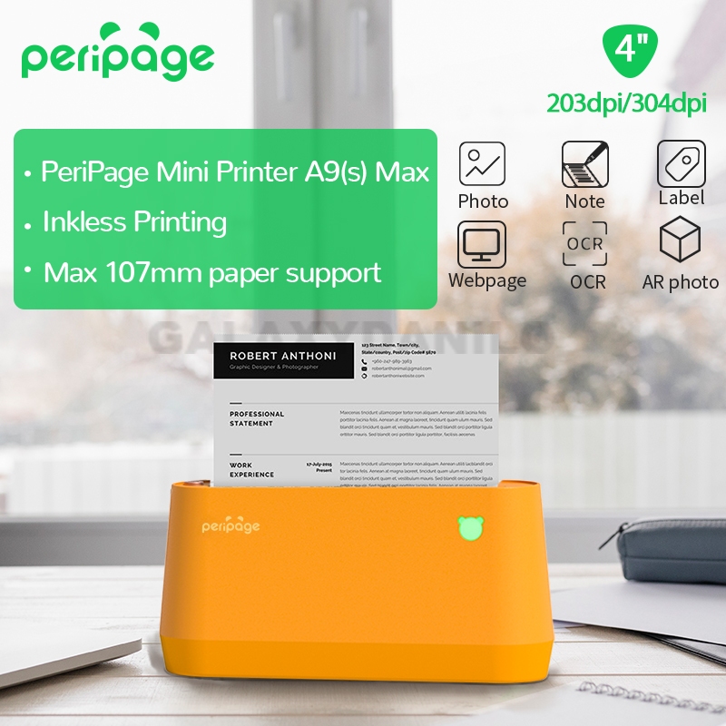 PeriPage A9s Max Orange Portable Mini Thermal Printer Rechargeable ...