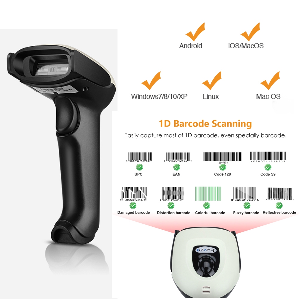 1D Wireless Barcode Scanner 3in1 via Bluetooth 2.4GHz USB Wired ...