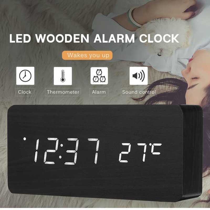 Alarm Clock LED Digital Wooden USB/AAA Powered Table Watch With ...