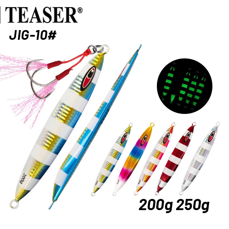 TEASER 【J10】200g Glow Slow Sinking Metal Jigs Lure Boat Fishing Luminous Hard Bait Zebra ...