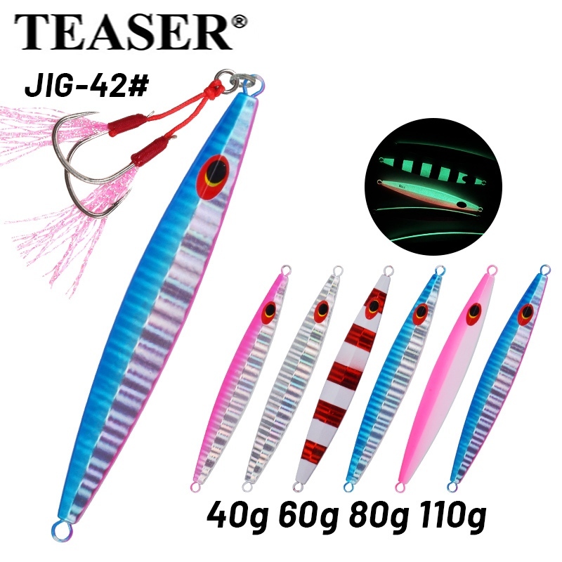 TEASER【J42】40g 60g 80g 110g Jigging Lure Luminous Vertical Slow Metal Jigs Hard Bait Saltwater ...