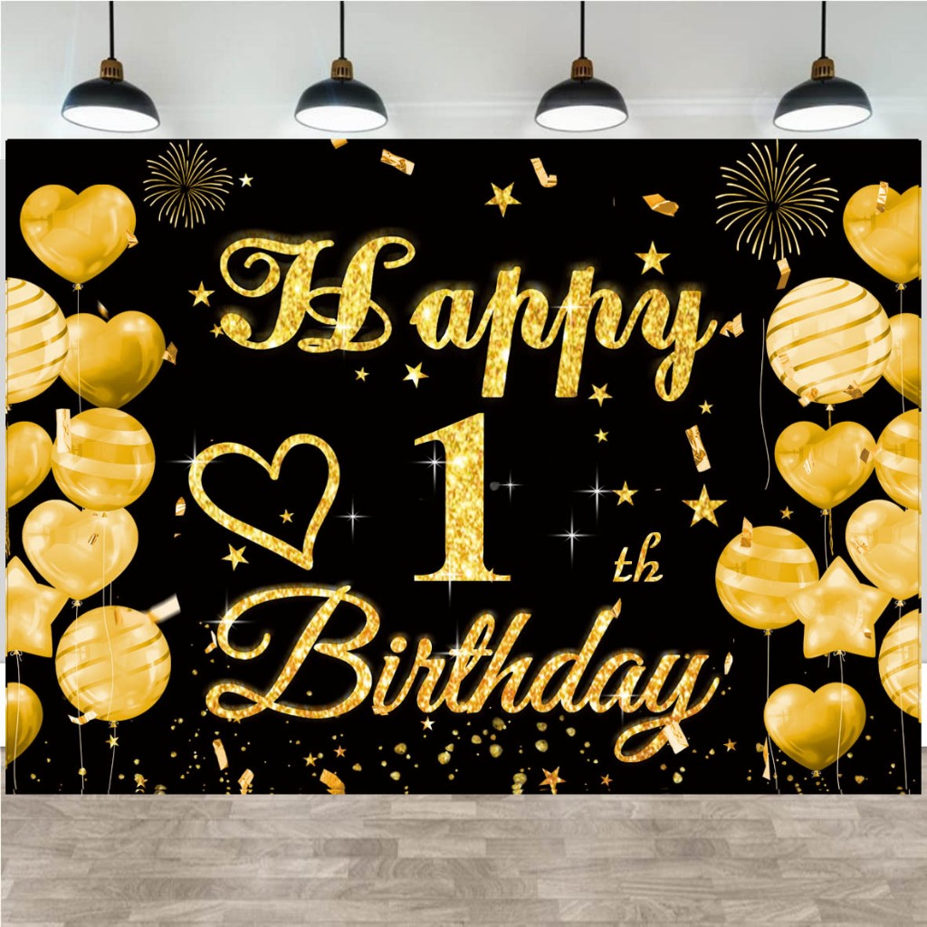 5x3ft Happy Birthday Photo Backdrop Black Gold 1st Birthday Banner ...