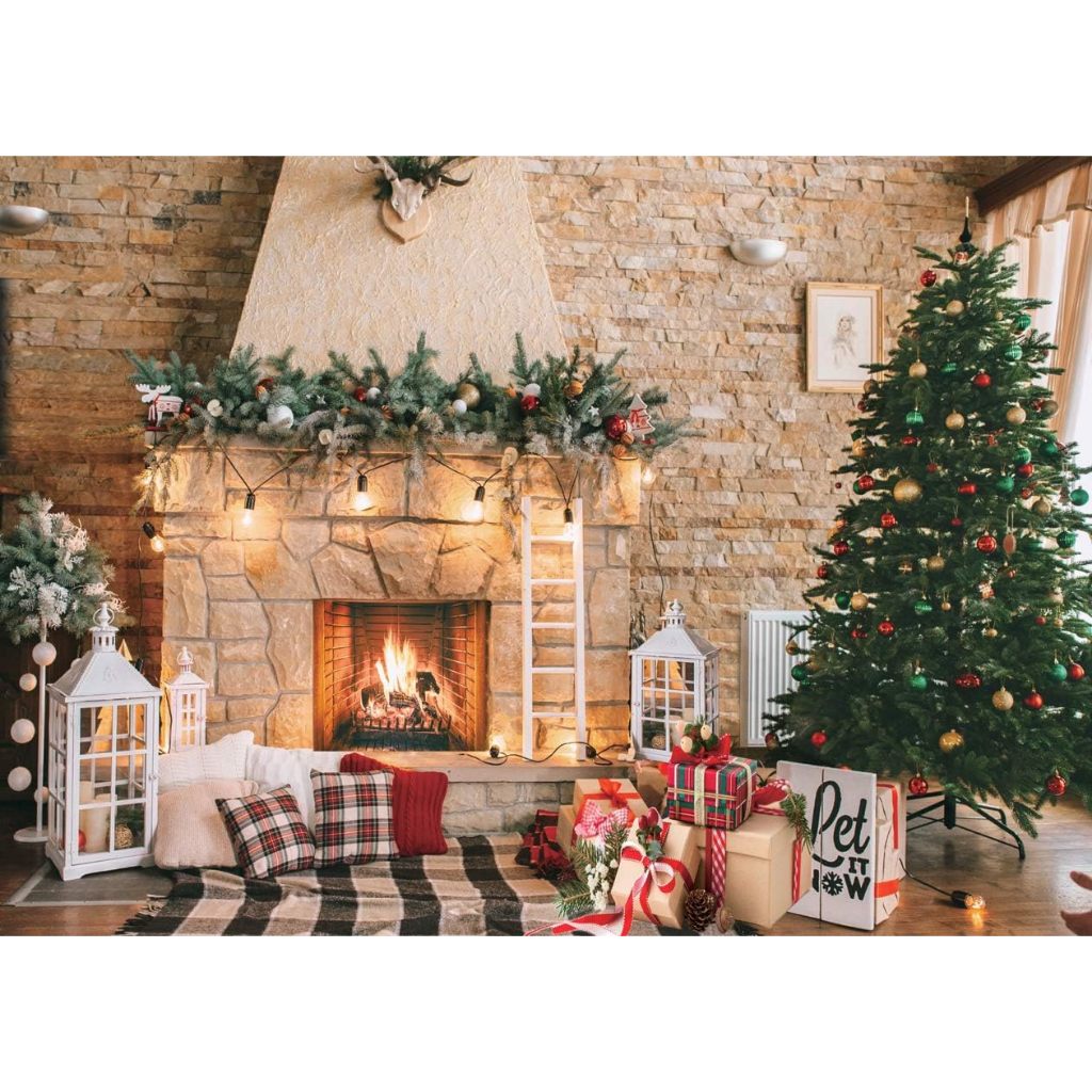 7x5ft Christmas Fireplace Theme Photography Backdrop Merry Xmas Sock Gift Decorations Family ...