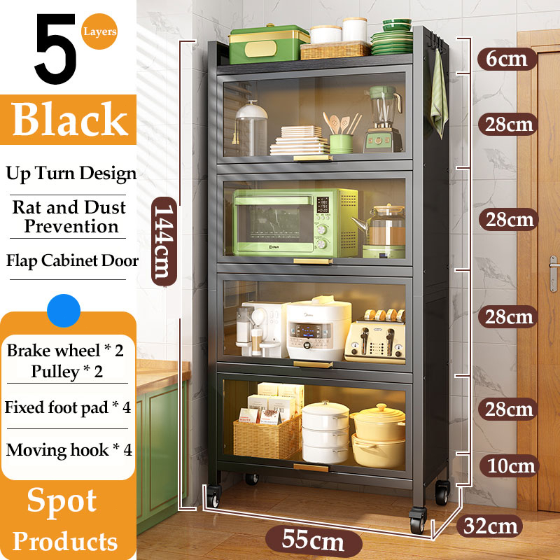 3/4/5 Layers Kitchen Rack Dustproof Storage Cabinet Carbon Steel Multi ...