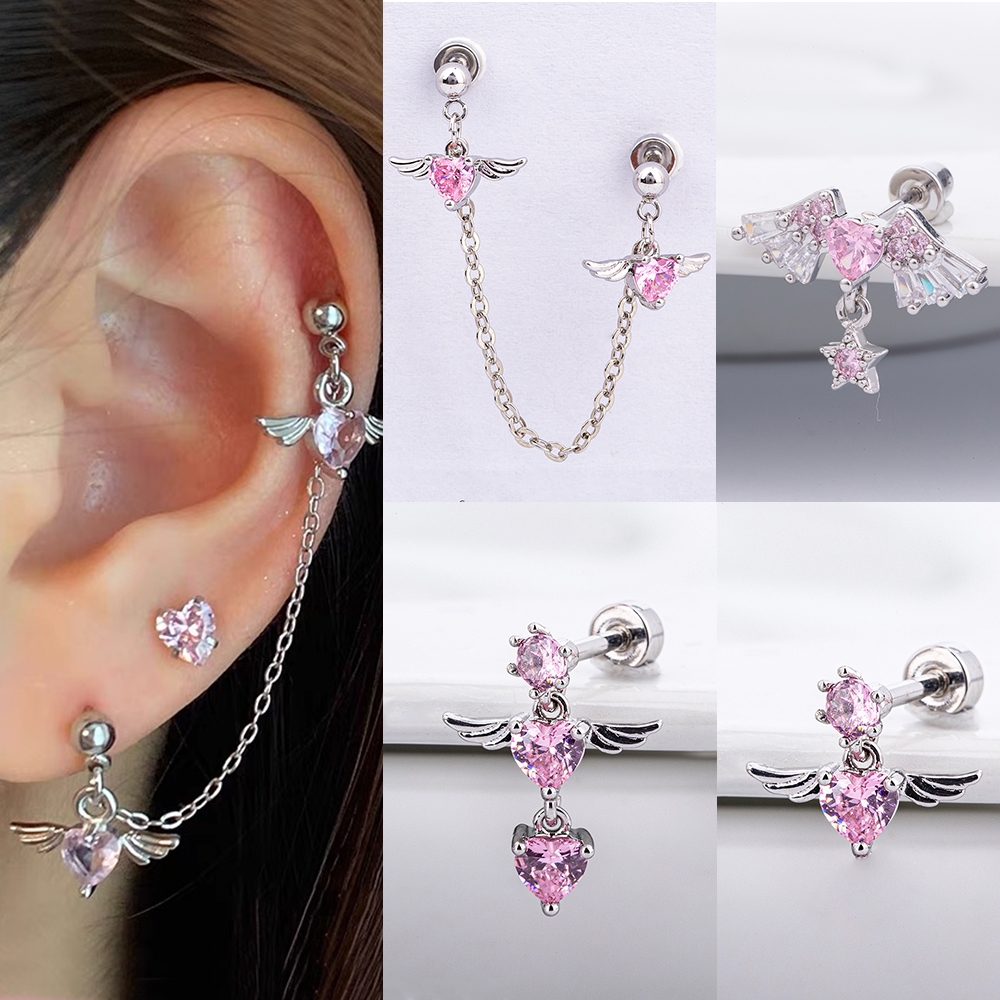 1 PC Pink Heart-shaped Wings Cartilage Stud Earrings Stainless Steel ...
