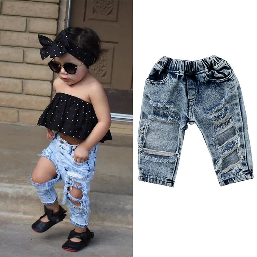 EMM-Little Girls Denim Jeans, Solid Color Patchwork Pockets Hollow ...