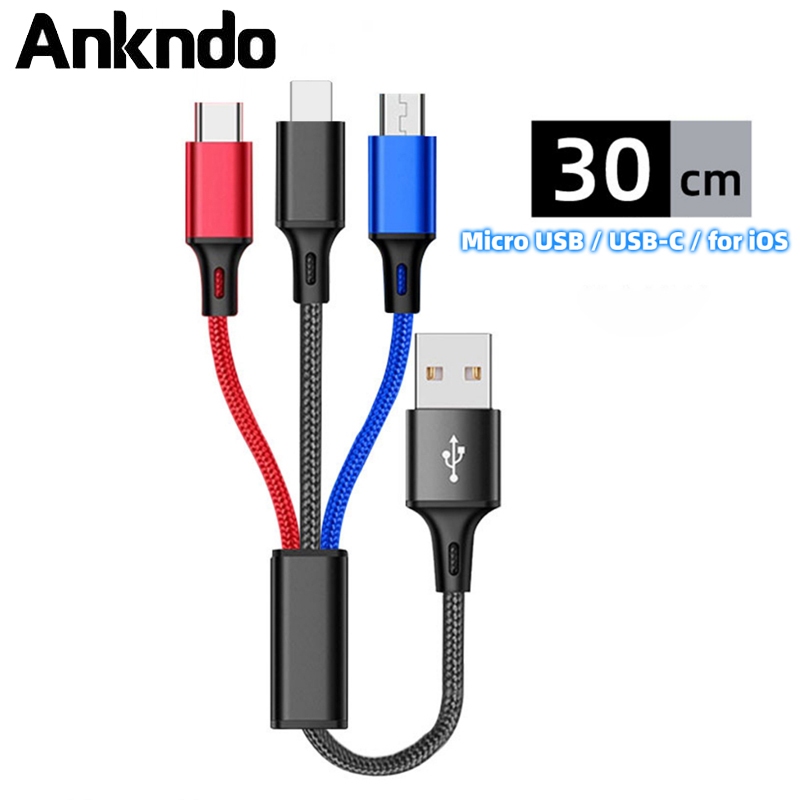 Ankndo 30cm Short Cable 3 in 1 Cable USB Charging 2.4A Fast Charging ...