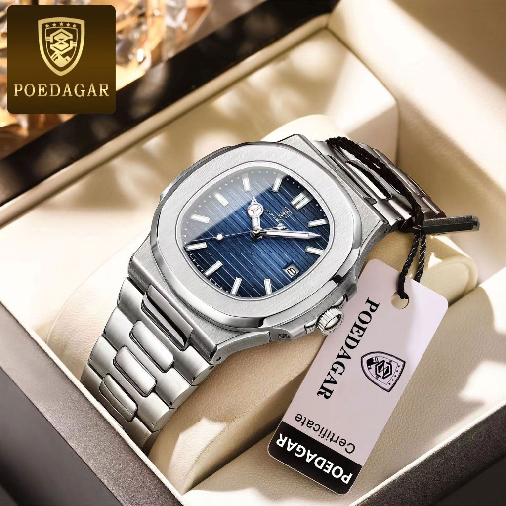 POEDAGAR Watch For Men Waterproof Original Relo Silver Stainless Steel ...