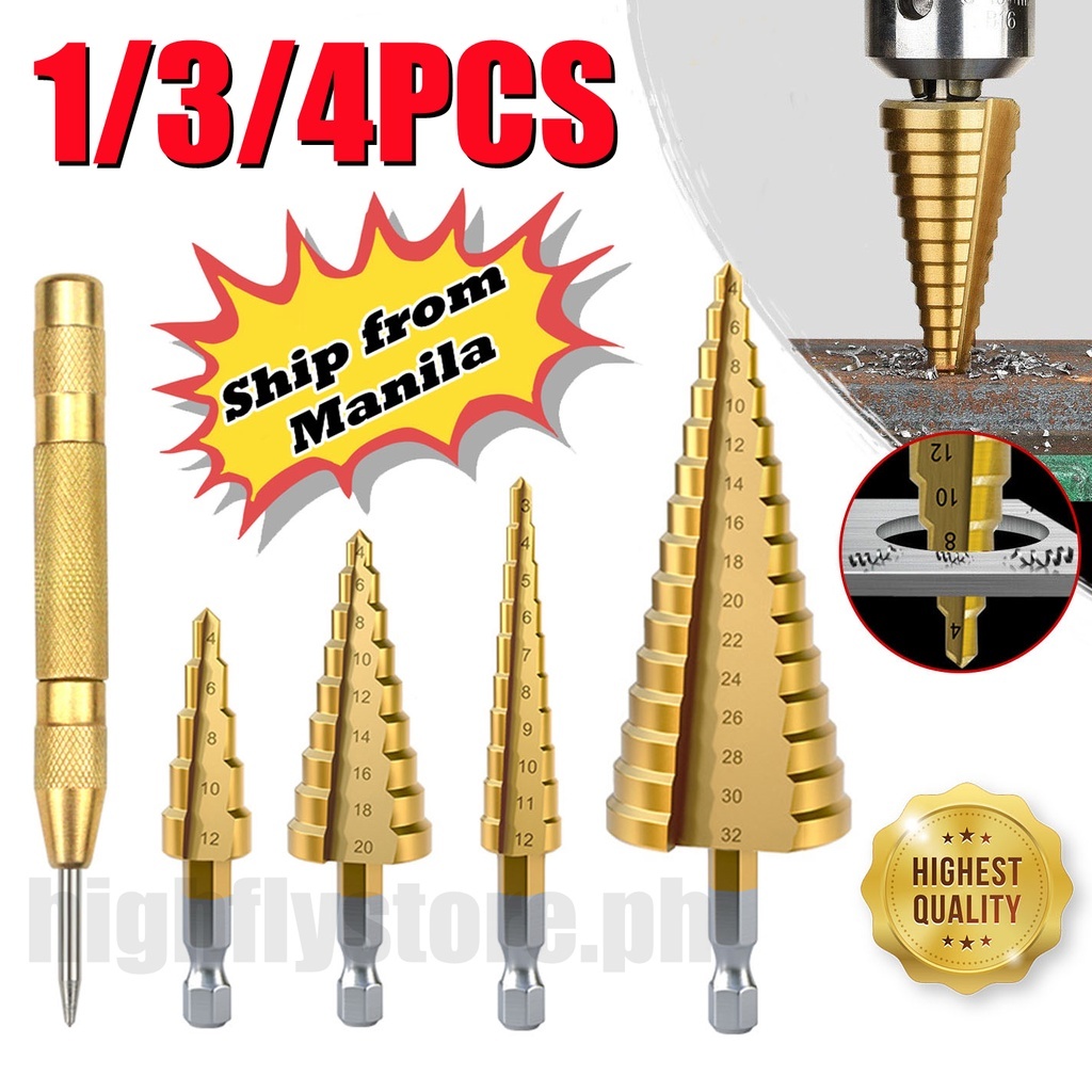 4Pack HSS Titanium Coated Spiral Step Drill Bit with Center Punch Drill ...