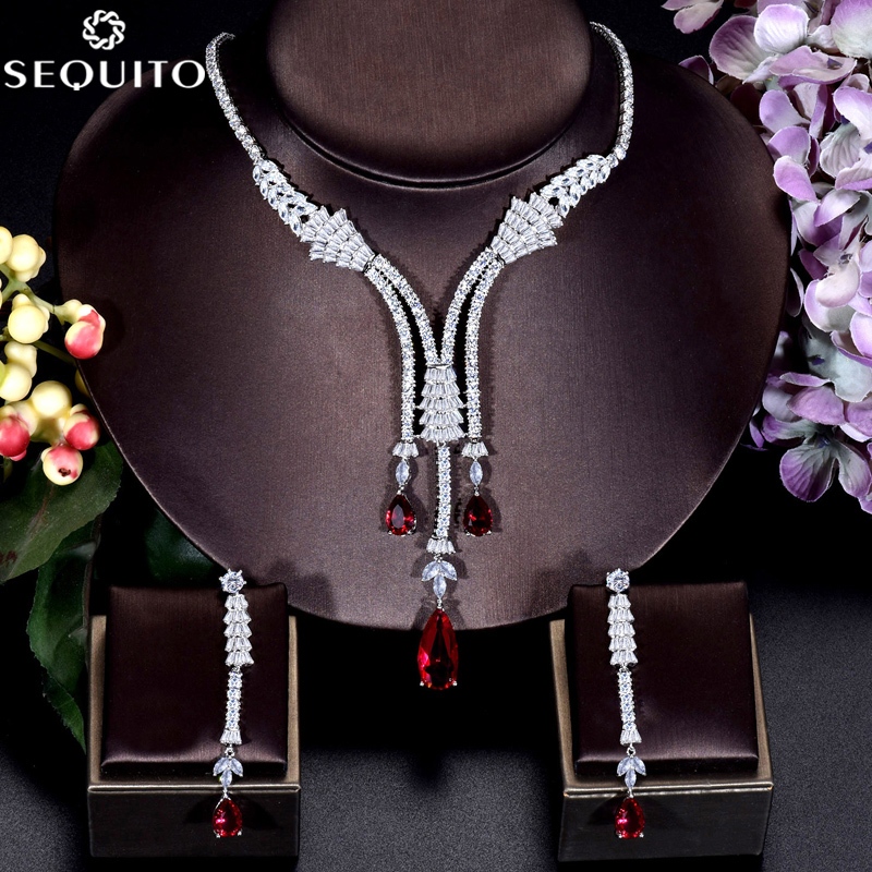 SEQUITO Exclusive Design Noble Bridal Deep V Dress Ruby Jewelry Set ...