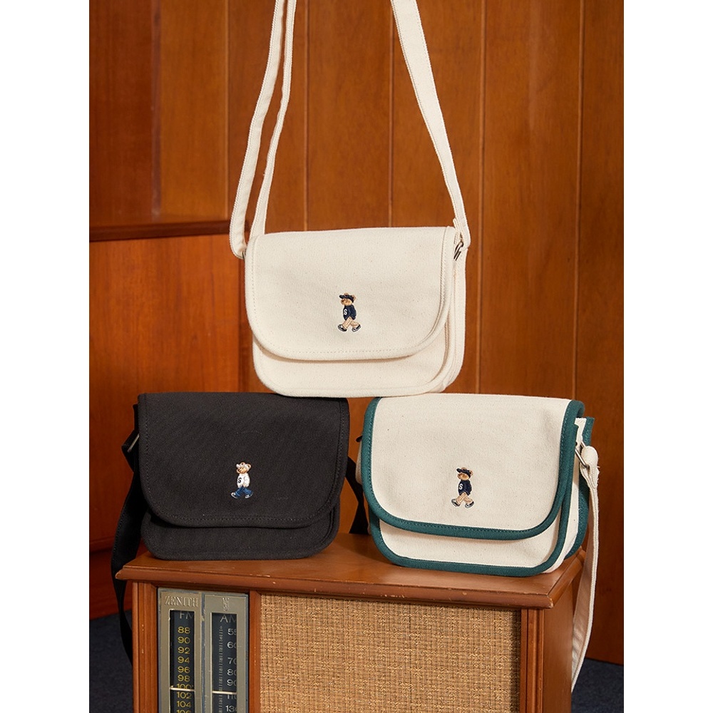 Korea Korea SHOOPEN Cute Bear Embroidered Flap Crossbody Canvas Bag ...