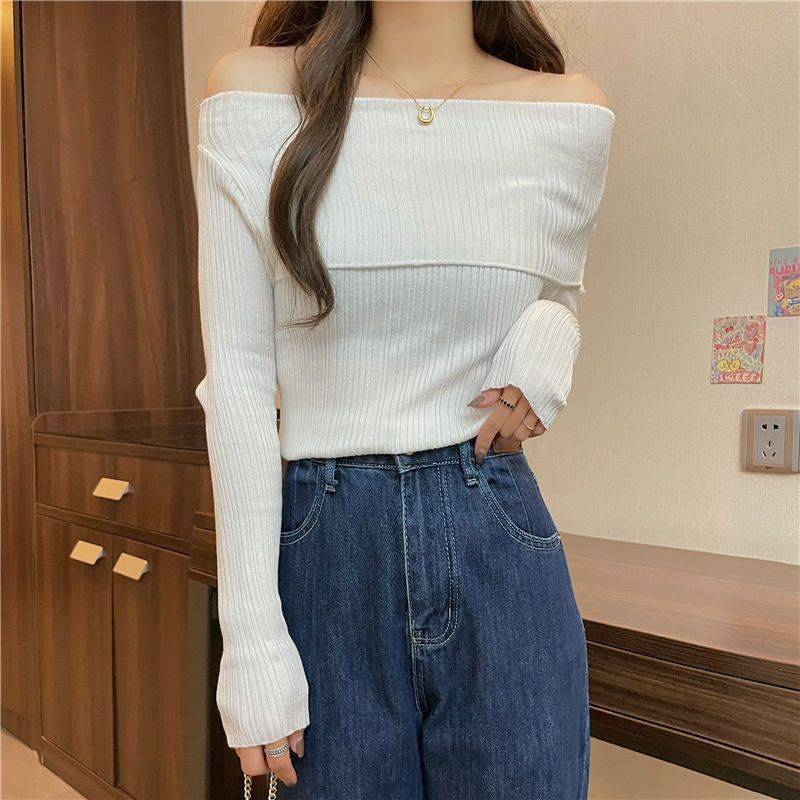 Spice Girl Off Shoulder Long Sleeve Knitted Undercoat Women's Black Sexy Irregular Slim Short ...