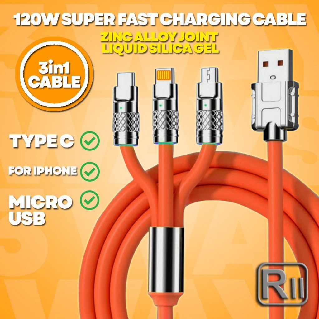 RII 3 in 1 Liquid Silicone Cable 120 Watts Super Fast Charger for Micro ...