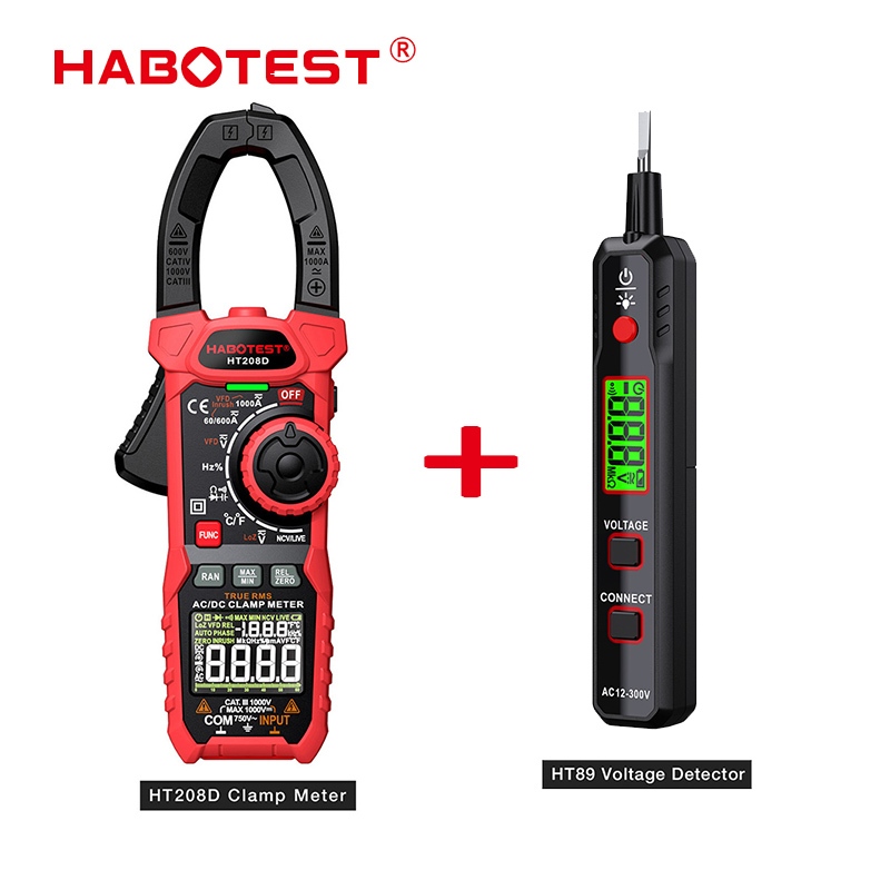 Habotest HT208D+HT89 Digital Clamp Meter Pro 1000A 1000V AC DC Current ...