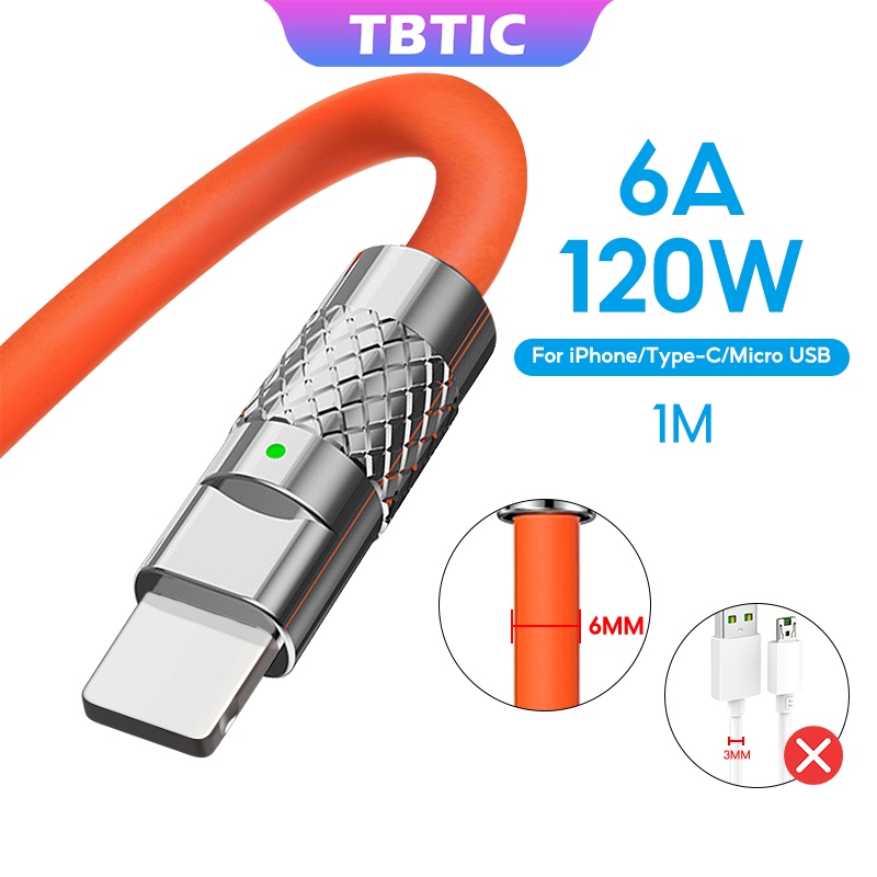 TBTIC 6A 120W USB Fast Charger Cable for IPhone Micro USB Type-C 8-Pin ...