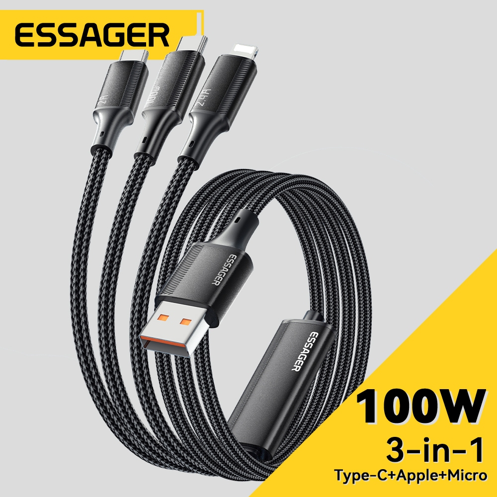 Essager Type C Micro Ios Fsat Charging Cable 3 In 1 7A 100W Data Cord ...