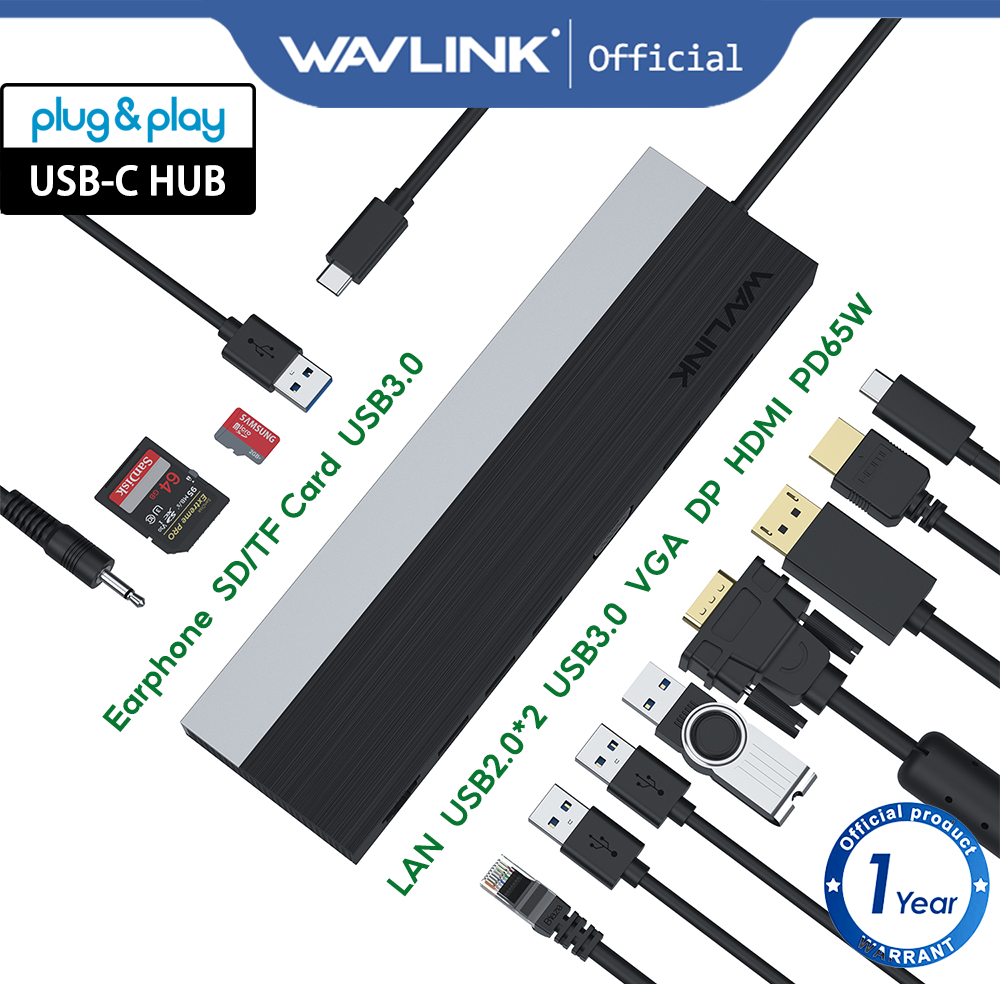 Wavlink USB HUB 12 in 1 Triple Display Adapter with HDMI Display Port ...