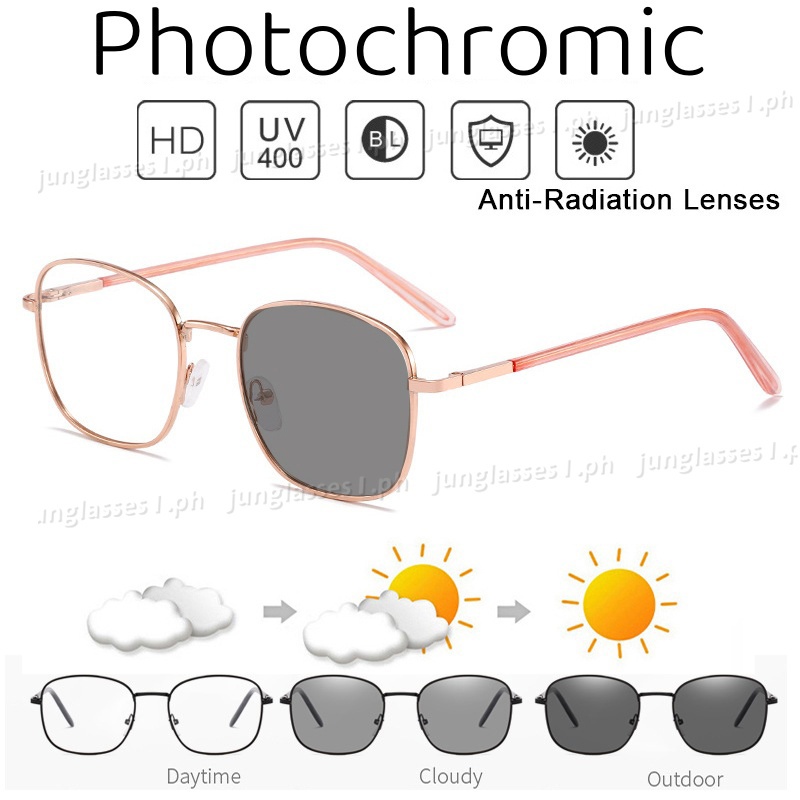 2IN1 Photochromic Anti Radiation Glasses for women men rectangle metal ...
