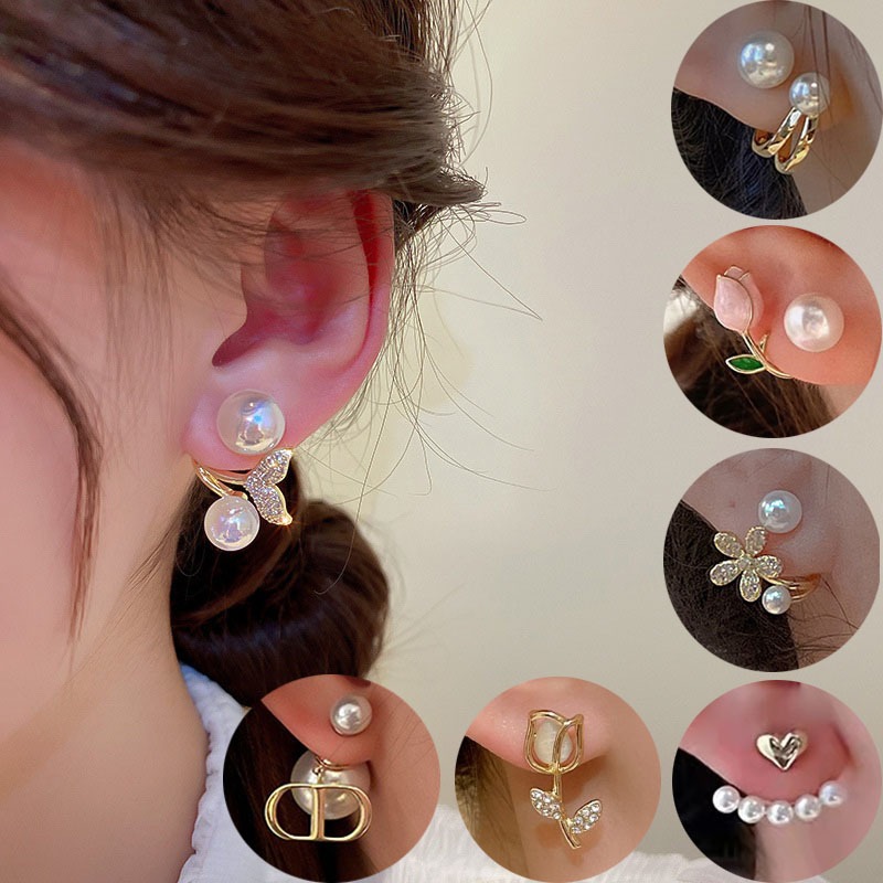 Korean Pearl Mermaid Tulip Earrings Stud for Women Fashion Gold Heart ...