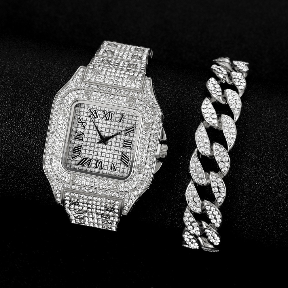 New Ice Men's Watch with Studded Chain Bracelet Men's Bracelet Cuban ...