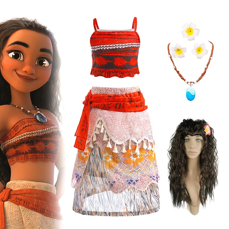 Kids Cosplay Vaiana Moana Princess Costume Dress Necklace Wig Girl ...