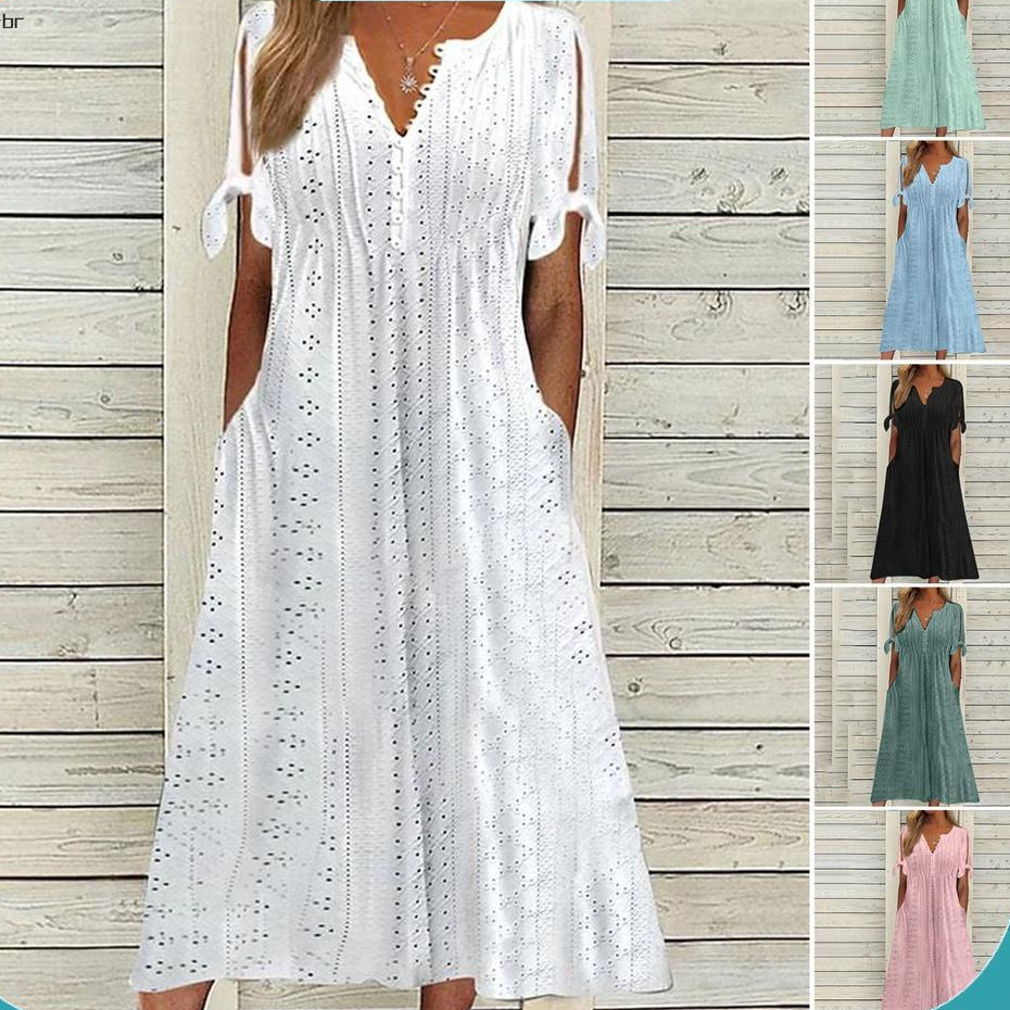 Womens Summer Eyelet Pastel Maxi Dress Button V Neck Tie Knot Short ...