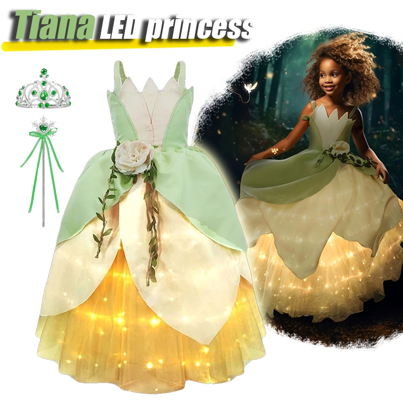 Tiana Princess Girls LED Light Up Dress Cosplay Party Halloween Elves ...