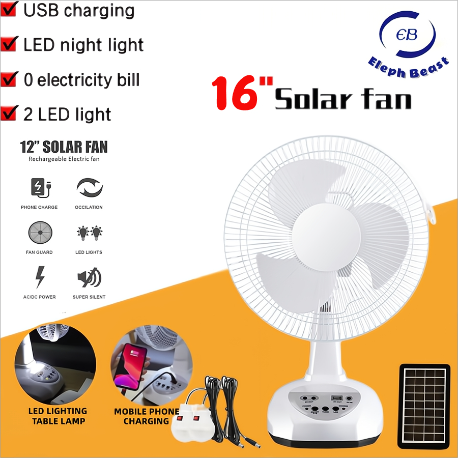 Solar fan 12-14-16 inch desktop fan (with two LED bulbs), outdoor ...