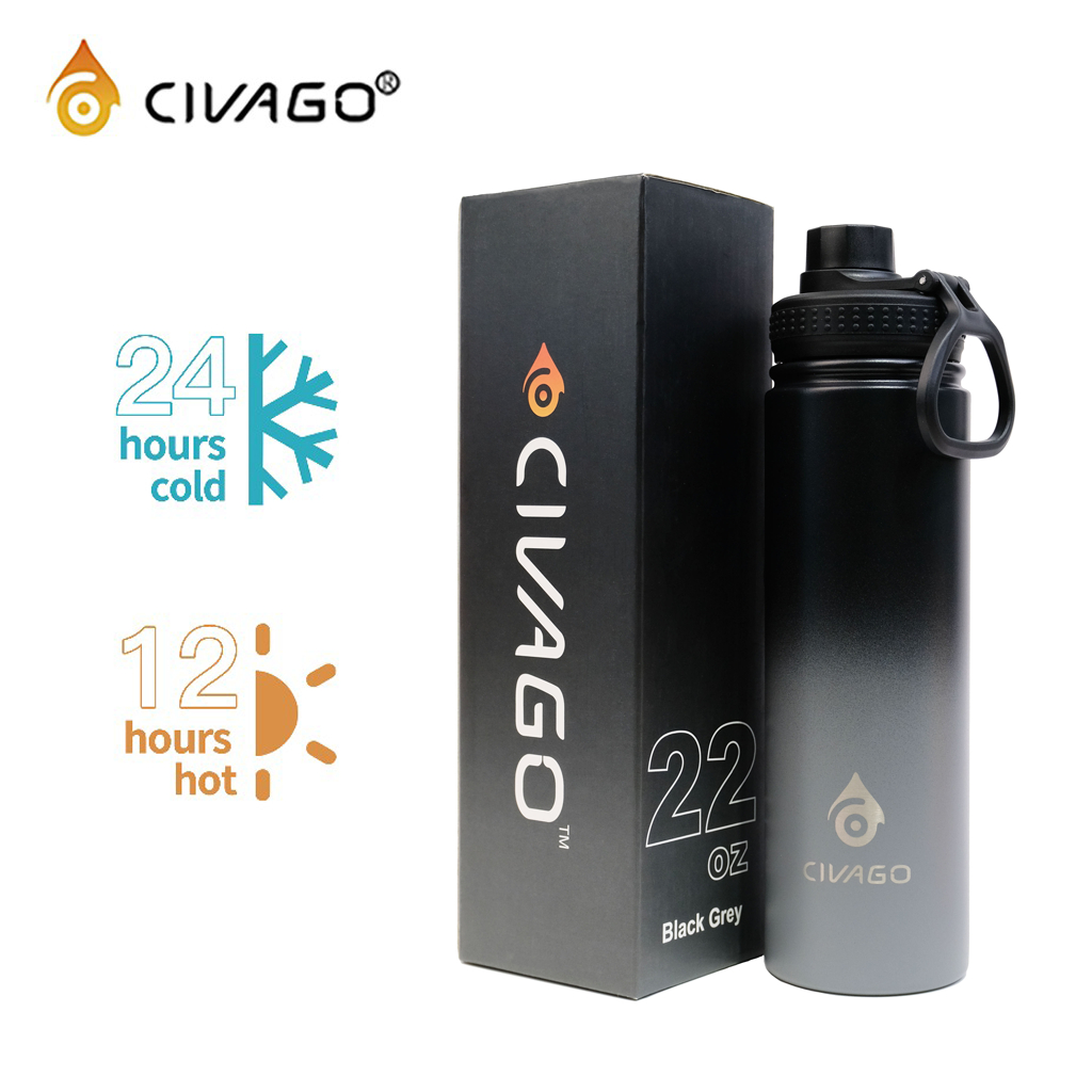 CIVAGO 22oz Black Grey Wide Mouth with Spout Lid Vacuum Insulated ...