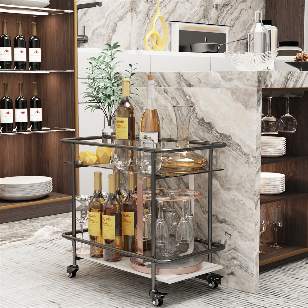 Glass + Marble Kitchen Cabinet 2-Tier Drinks Wine Cart Kitchen Cart ...