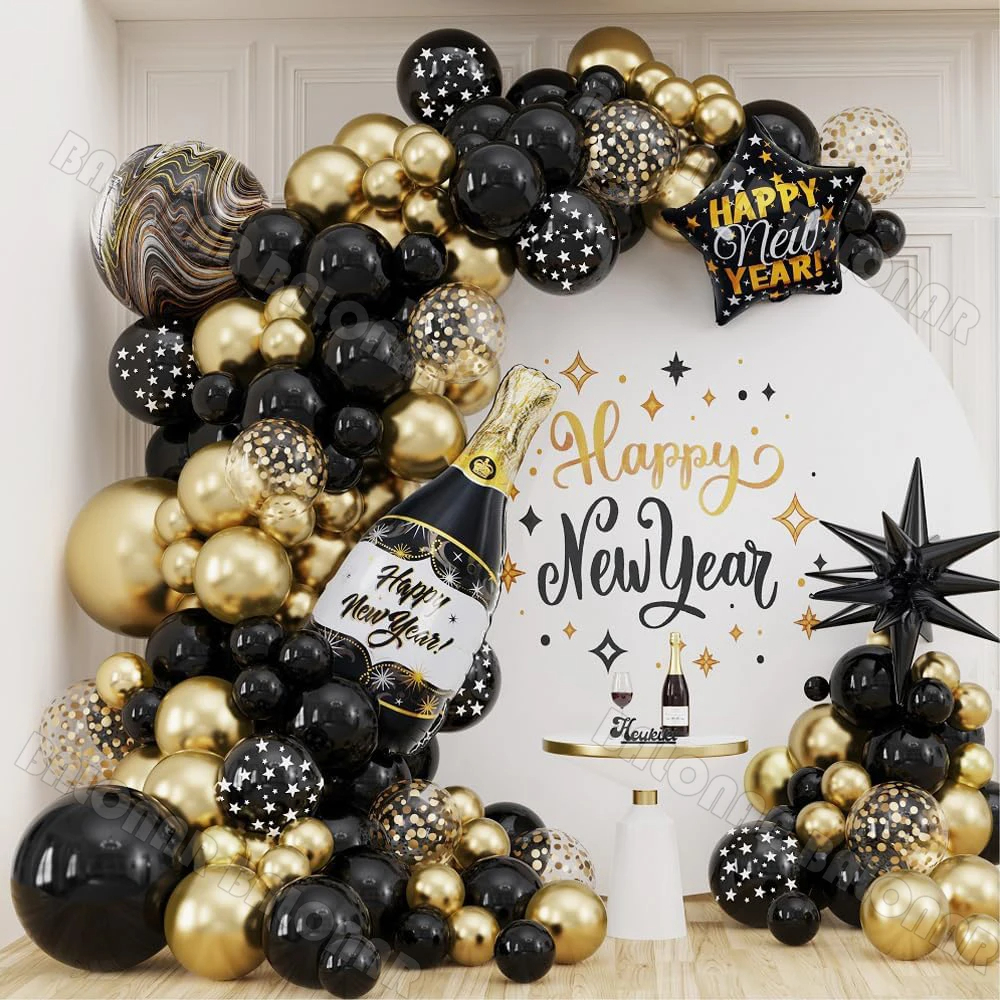 128pcs Black Gold Balloon Garland Arch Kit Large Bottle Foil Confetti ...