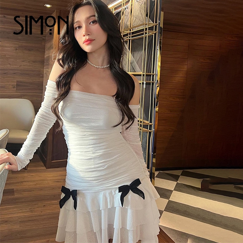 Simon Women Y2K Bodycon Dress, Off-shoulder Pleated Bow Asymmetric Mini ...