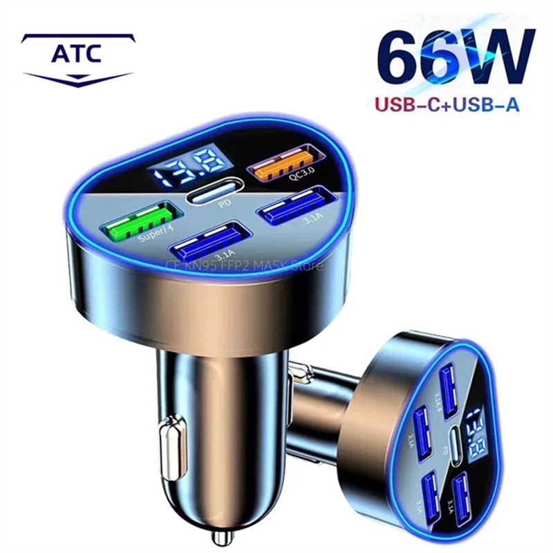 66W 5 Ports Car Charger Lighter Fast Charging PD QC3.0 USB Type C Car ...