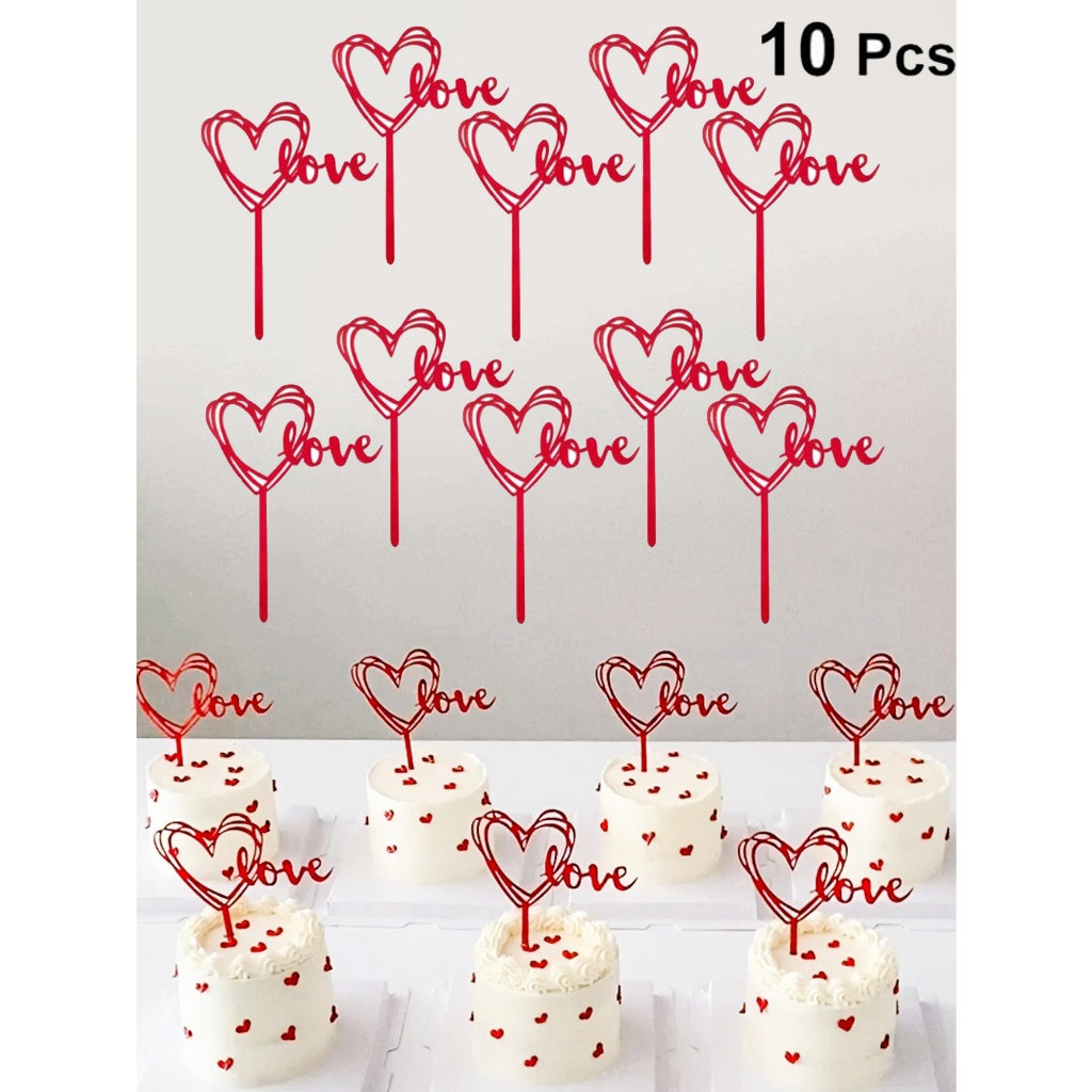 5/10 Pcs Red Love Heart Acrylic Valentine's Day Cake Topper Red Wedding ...