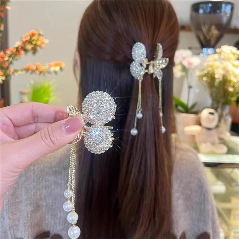 Korean hair clip, rhinestone, cherry tassel, grab hair accessory ...