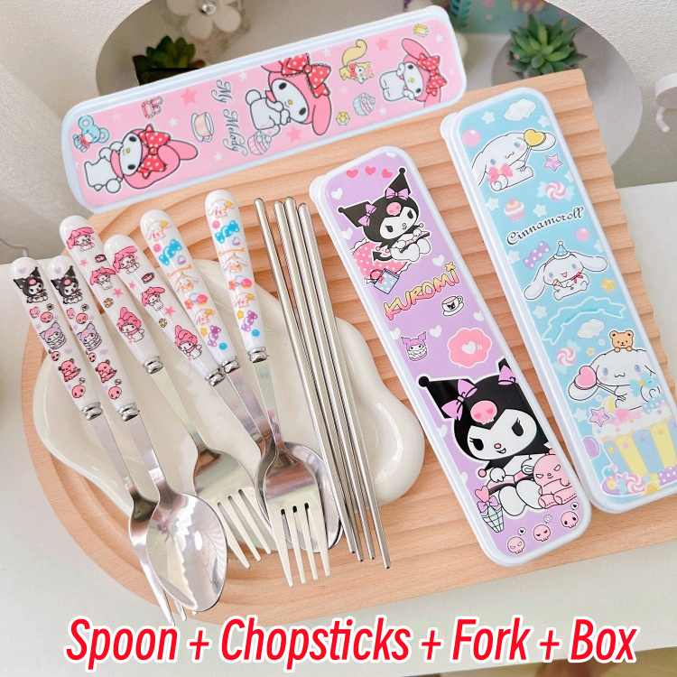 Sanrio Cartoon Tableware Kuromi Spoon Fork Student Portable Stainless ...
