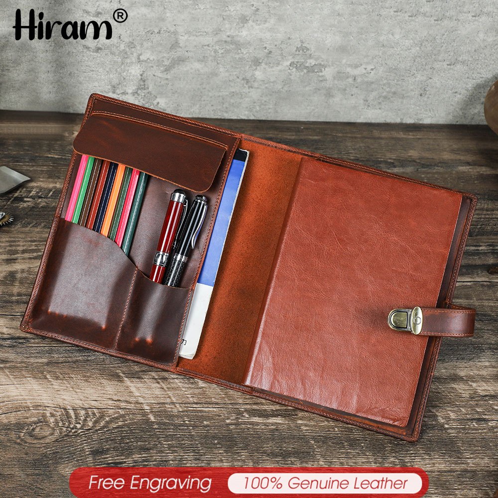 Genuine Leather Book Cover Protector with Pen Holder Business Notebook ...