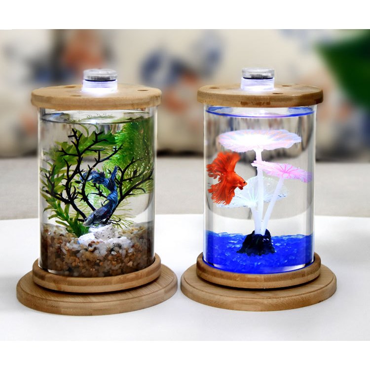 Cylindrical Rotating Fish Tank Luminous Desktop Ecological Bottle with ...