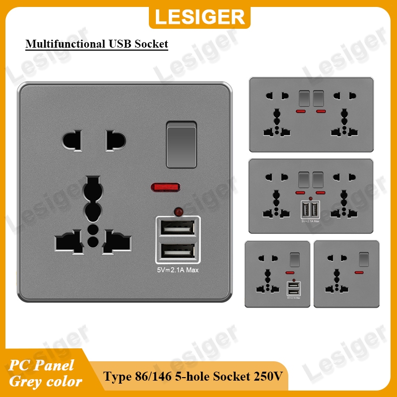 Universal Wall Socket With switch Grey PC Panel 13A Electrical Outlet ...