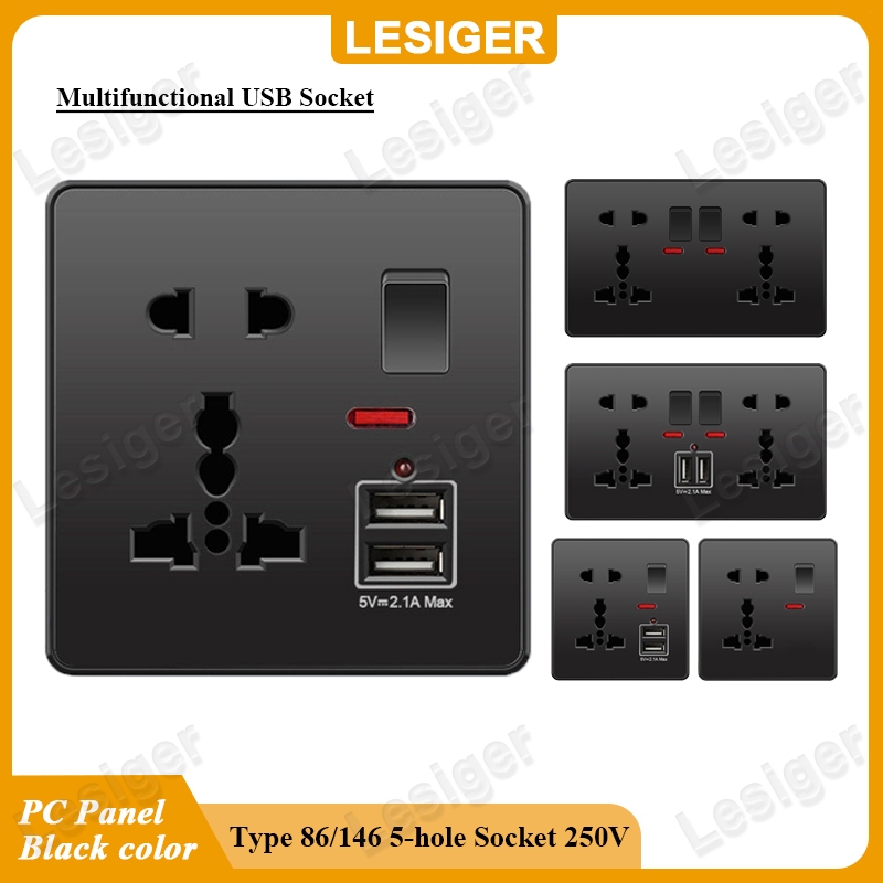 Universal Wall Socket With switch Black PC Panel 13A Electrical Outlet ...