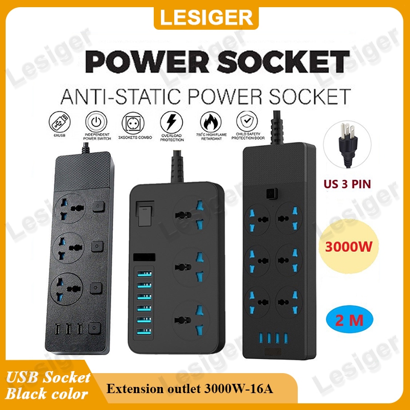 3000W Power Strip Universal Multi Socket And USB Port Lead Outlet With Switch Adapter 2M ...