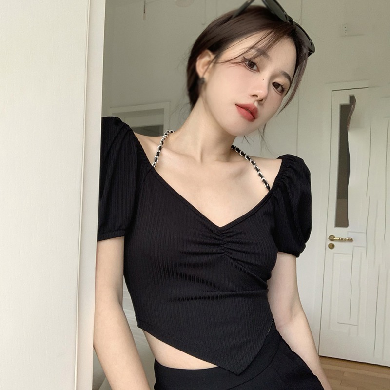 Women's Solid Backless Drop Shoulder Tee Irregular Slim Sexy Short ...