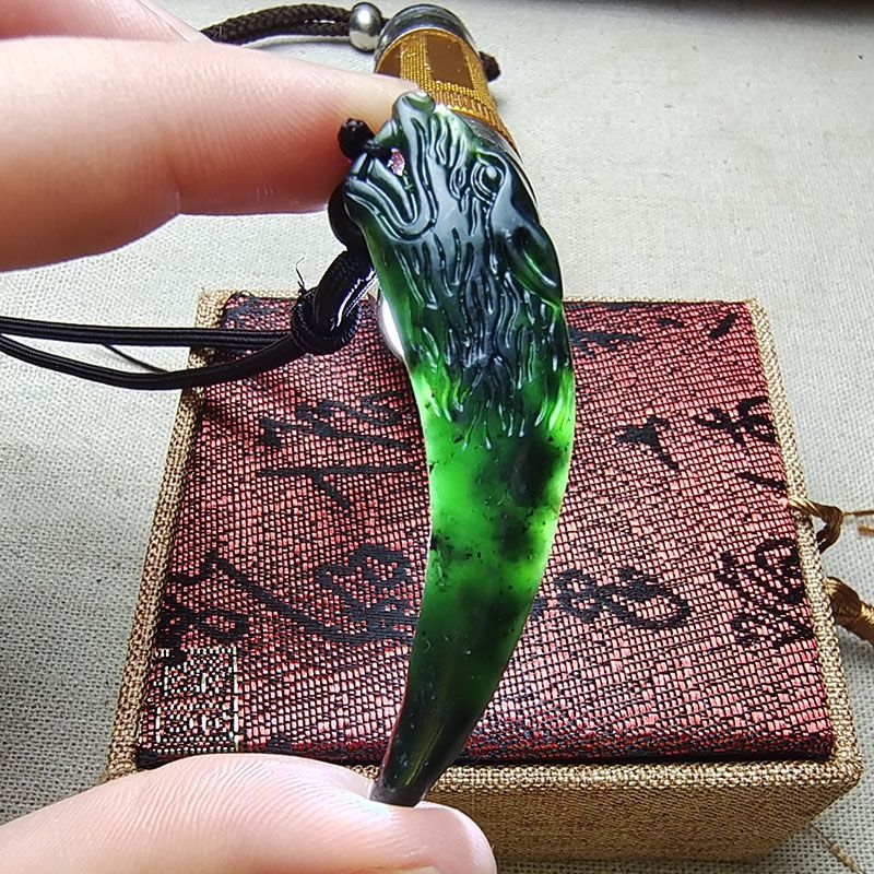 Natural dark green jade dragon tooth pendant with double-sided carved ...